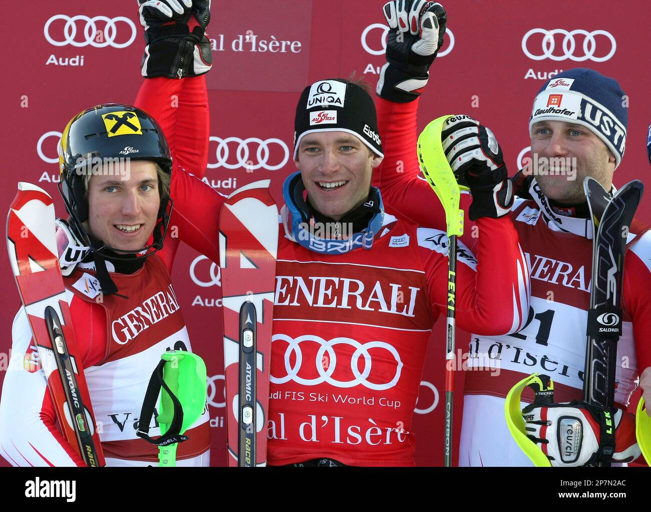 Austria's Benjamin Raich, center, winner of an alpine ski, Men's World ...