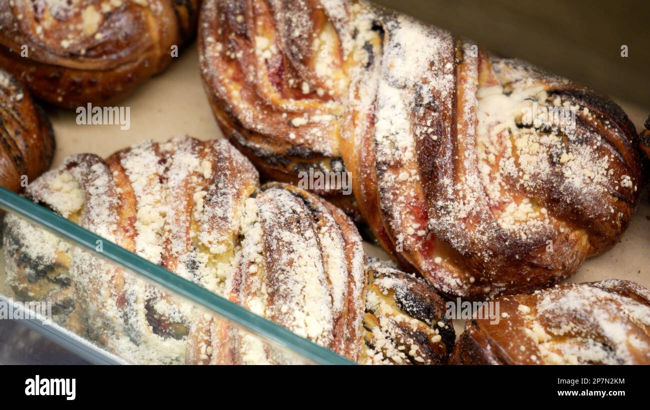 Rows of Warm Freshly Baked Bread Rolls on Display in Bakery Stand at ...