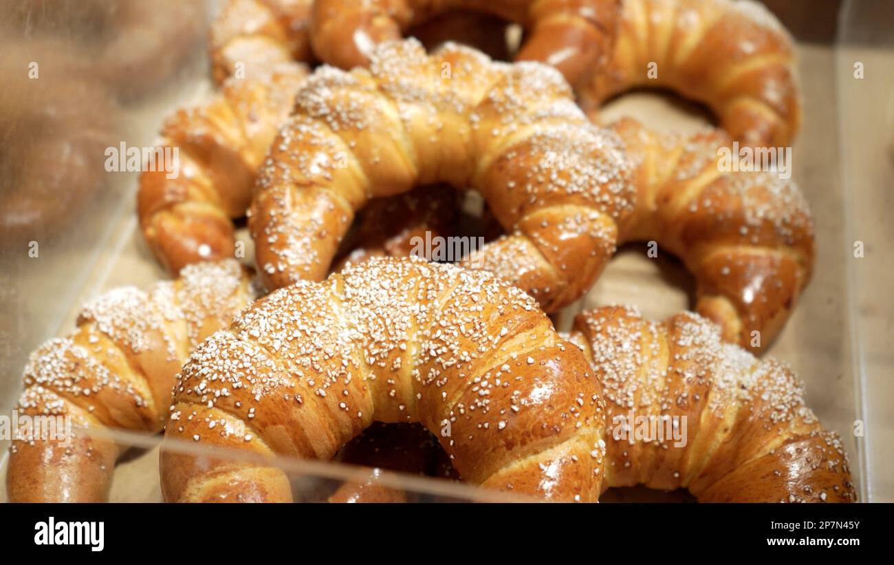 Rows of Warm Freshly Baked Bread Rolls on Display in Bakery Stand at ...