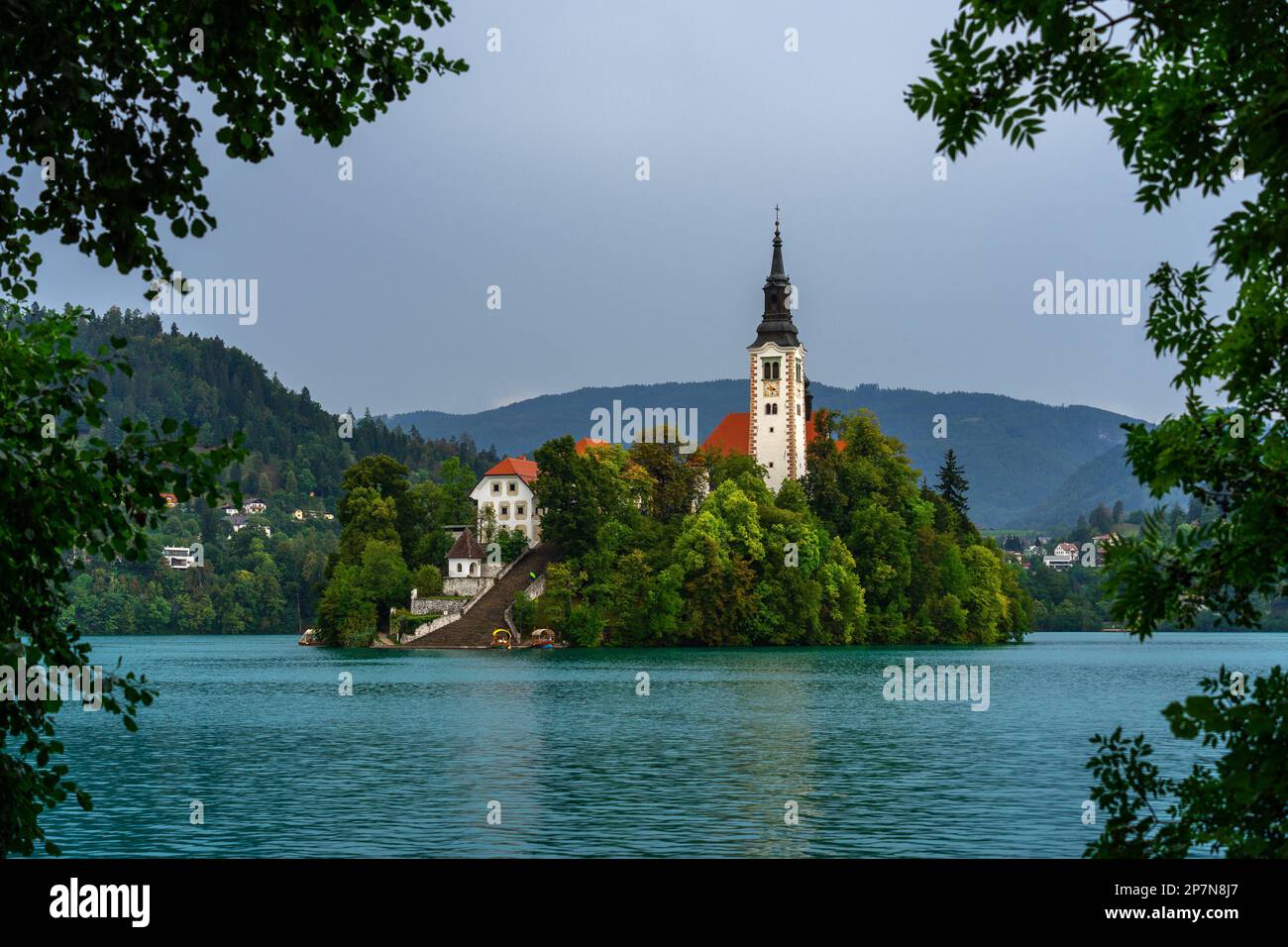 The iconic church of Lake Bled and its surroundings framed by trees ...