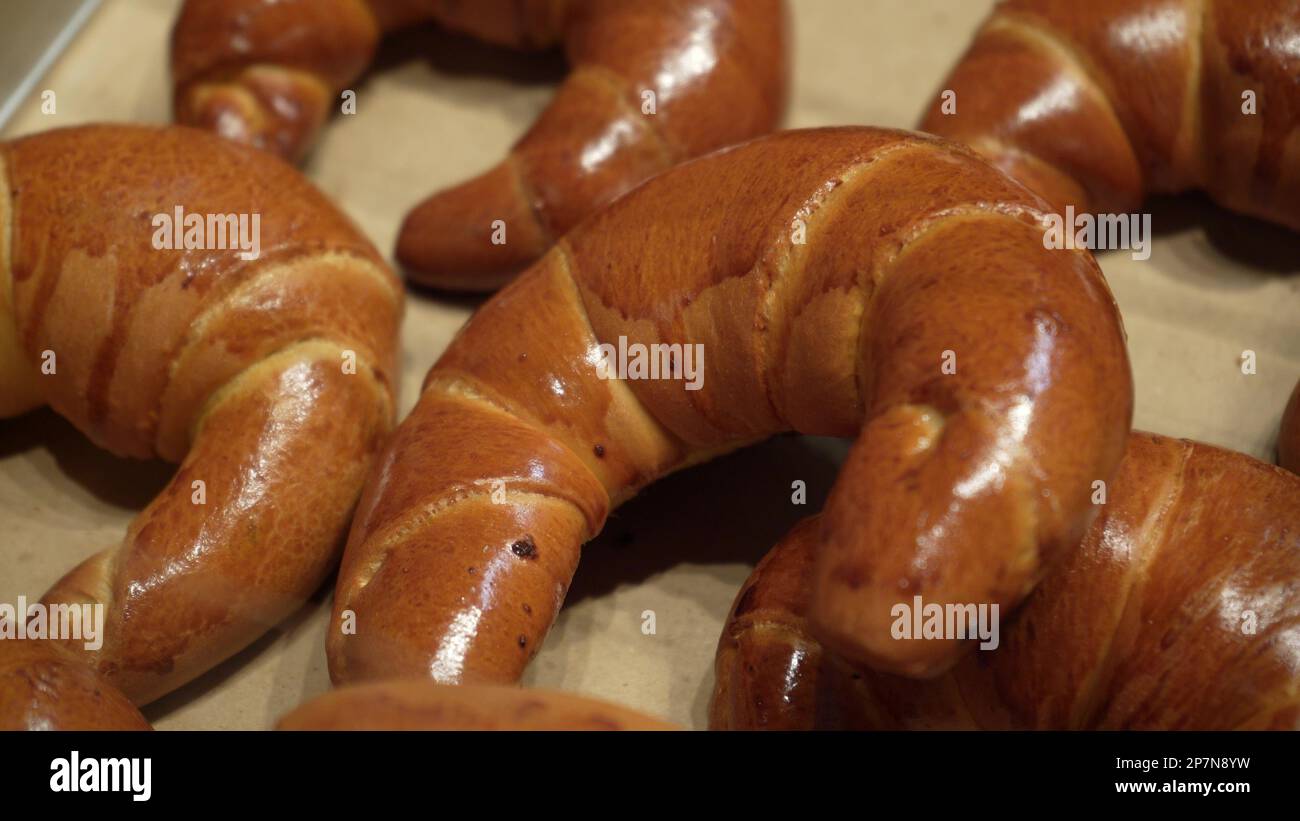 Rows of Warm Freshly Baked Bread Rolls on Display in Bakery Stand at ...