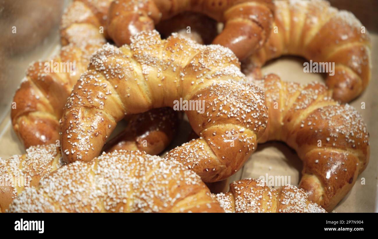 Rows of Warm Freshly Baked Bread Rolls on Display in Bakery Stand at ...