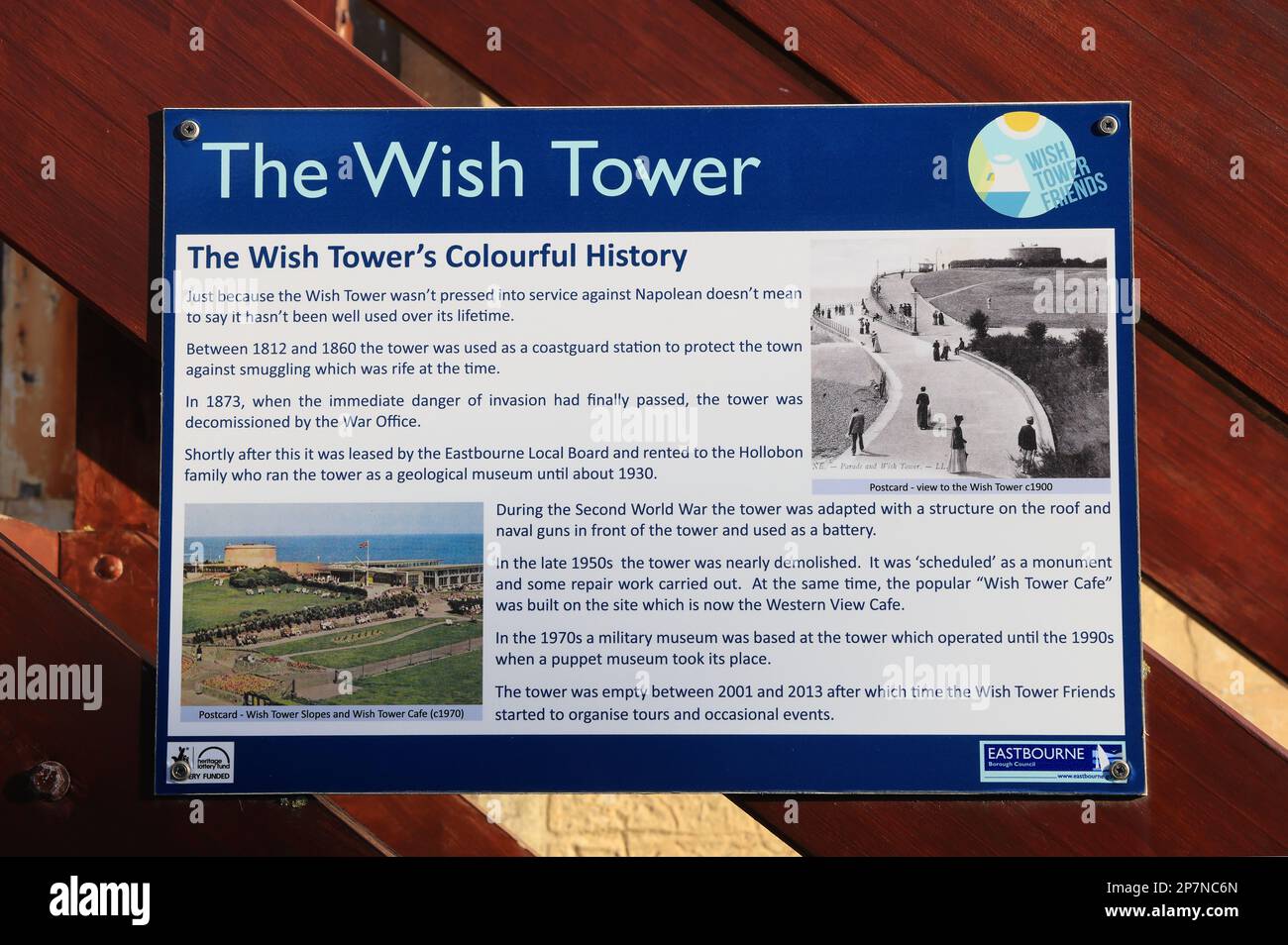 Information sign at the Wish Tower, one of 74 Martello Towers, built ...