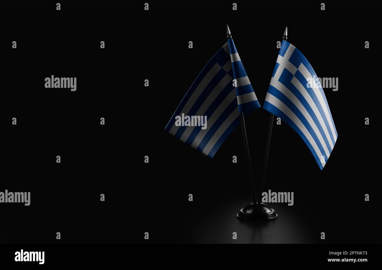 Small national flags of the Greece on a black background Stock Photo ...