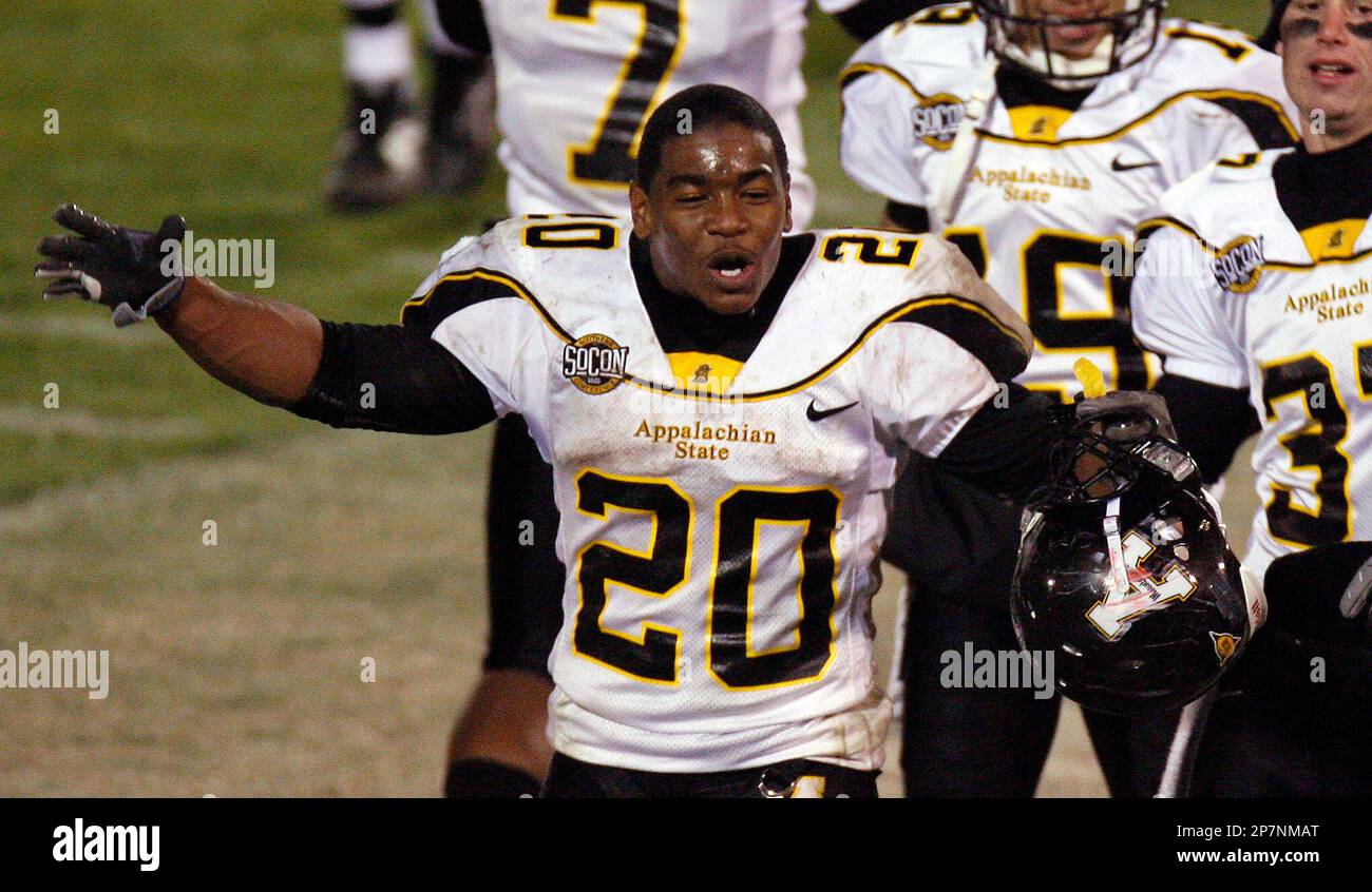 Appalachian State's Devon Moore (20) celebrates his team's victory ...