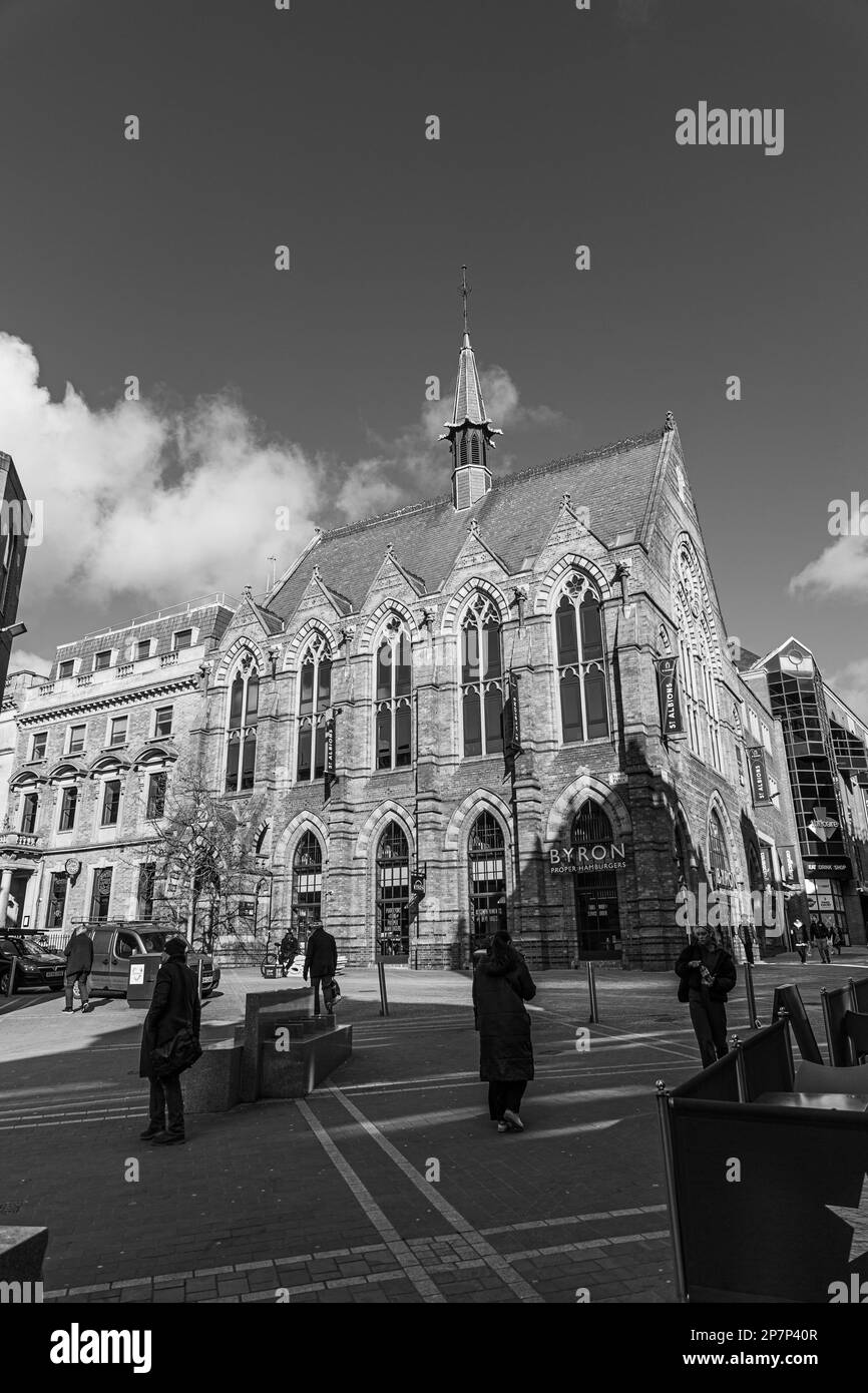 A black and white image of a former church building in Leeds city ...