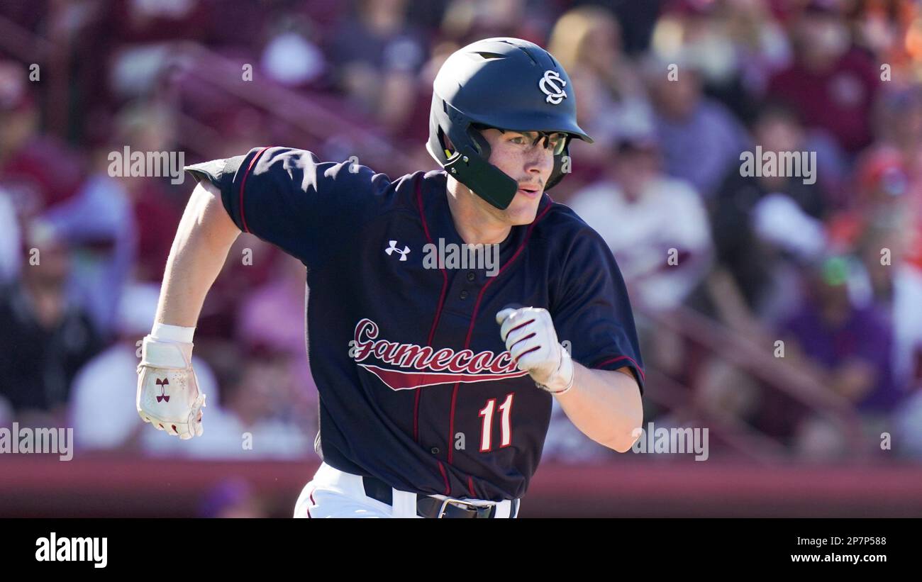 South Carolina outfielder Caleb Denny runs to first during an NCAA ...