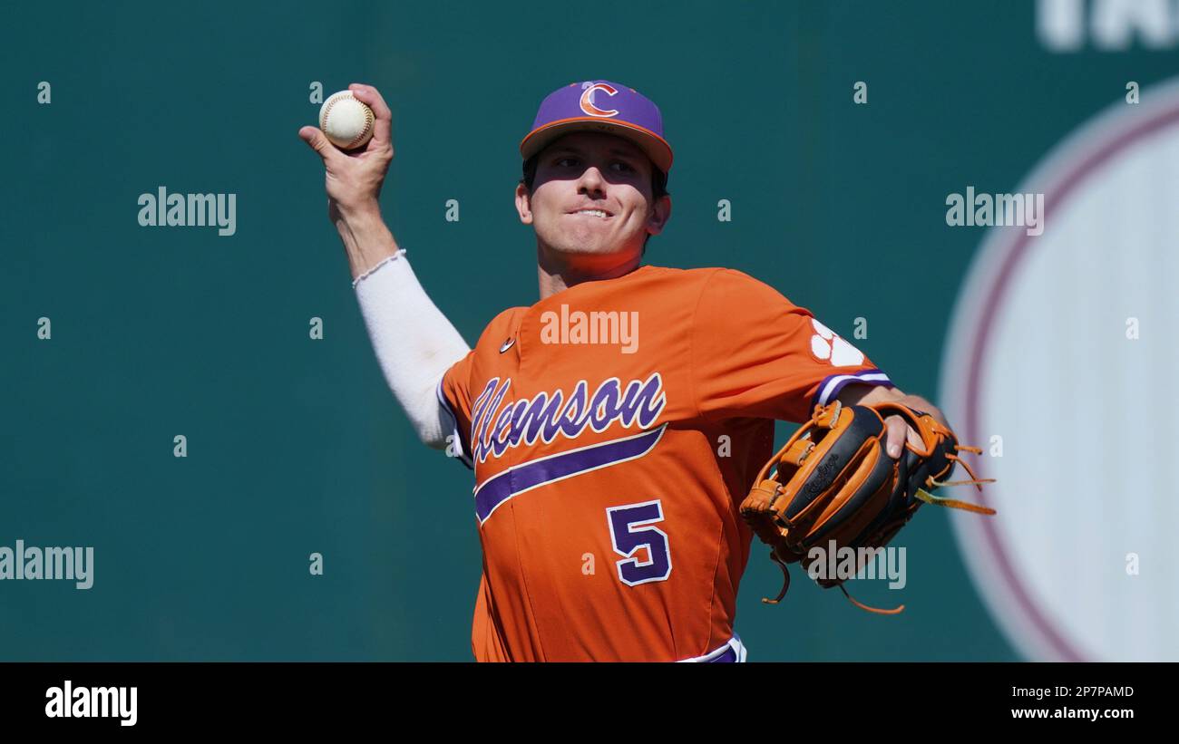 Clemson outfielder Gavin Abrams throws the ball before an NCAA baseball ...