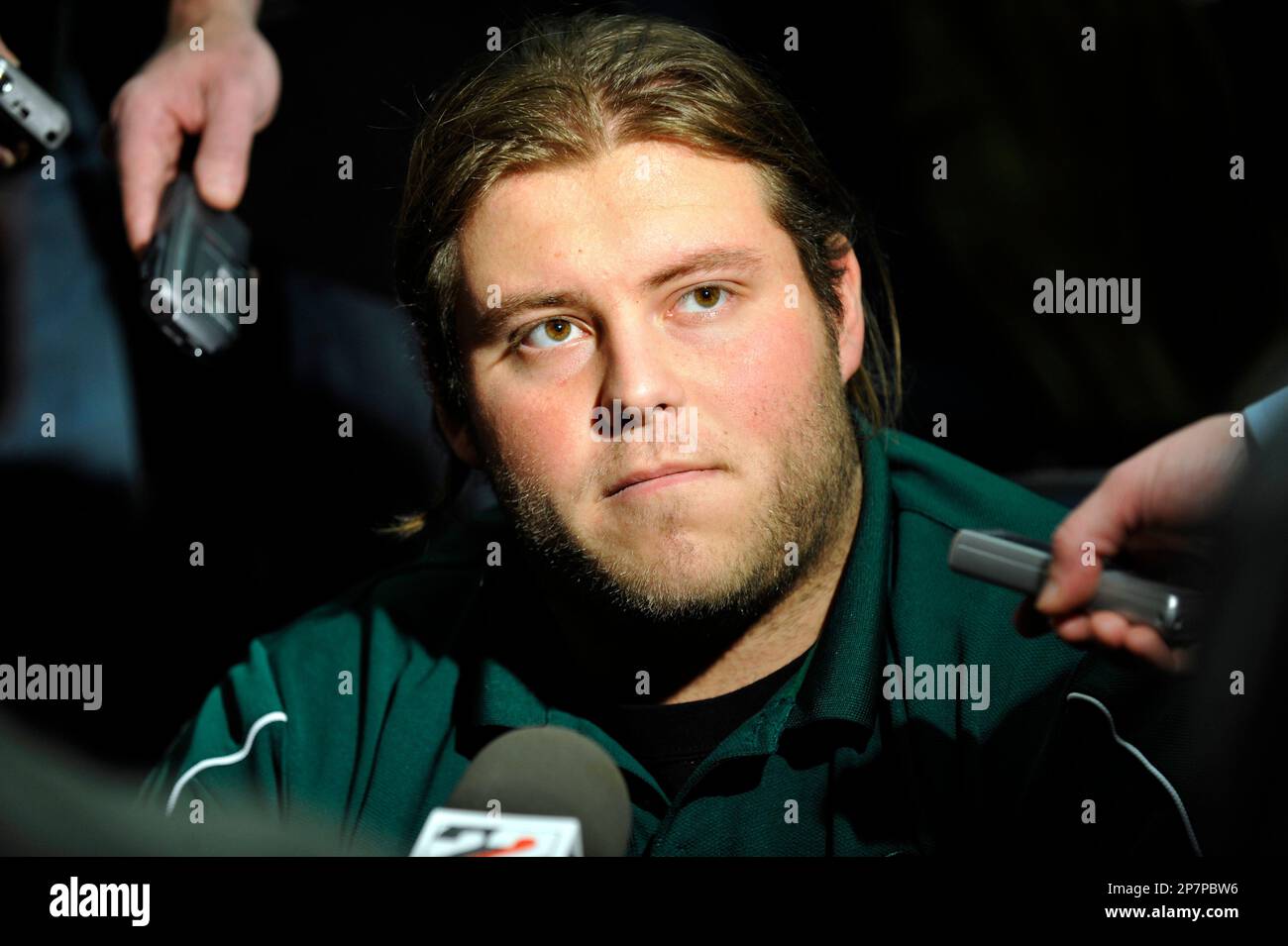 Notre Dame lineman Eric Olsen answers a question after Charlie Weis was ...