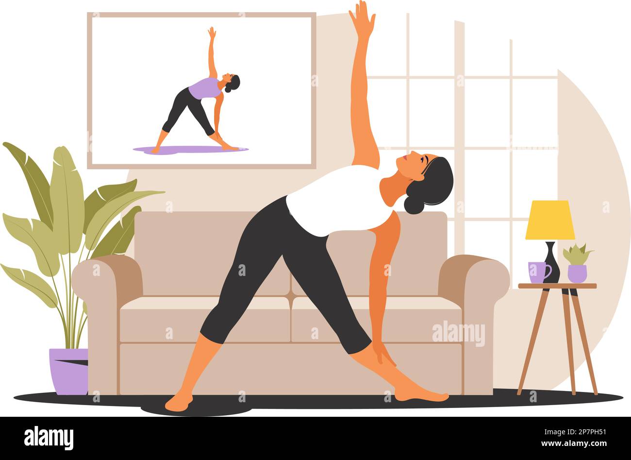 Online workout concept. Woman doing yoga at home. Watching tutorials on ...
