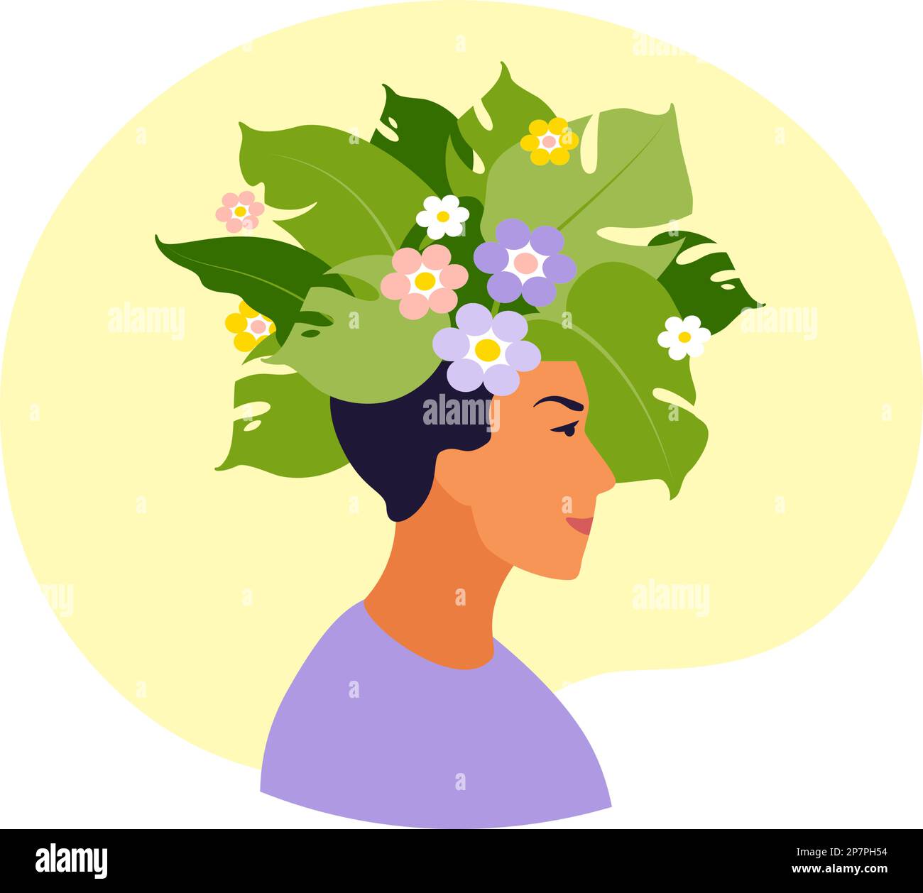 Mental health, happiness, harmony concept. Happy man head with flowers ...