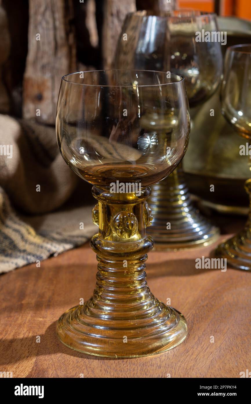 Emplty antique German glassware, old Dutch style rummer or roemer ...