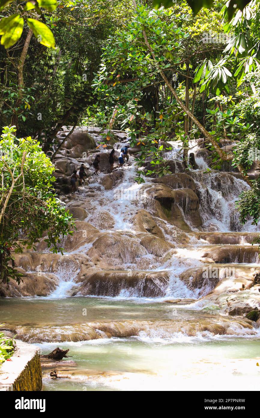 Water cascades over rocks at Dunn's River Falls in Ocho Rios, Jamaica ...