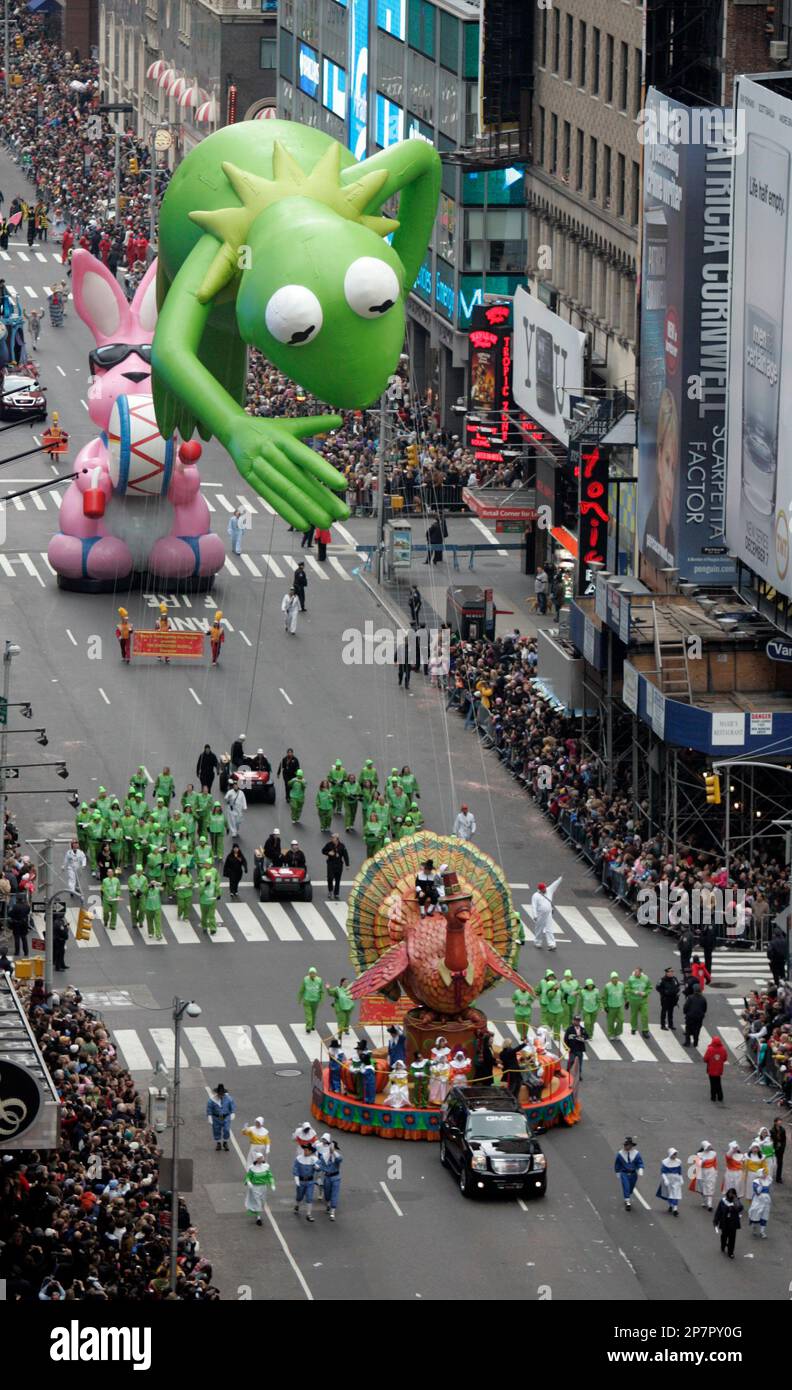 The Kermit the Frog balloon floats through Times Square during Macy's ...