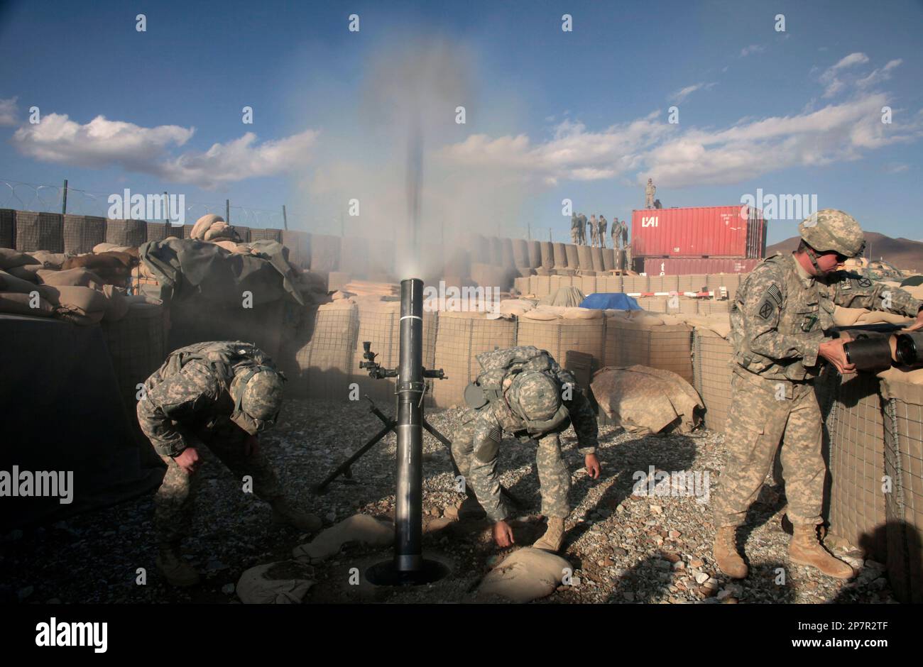 Soldiers from the Able Troop 3-71 Cavalry Squadron fire mortar rounds ...
