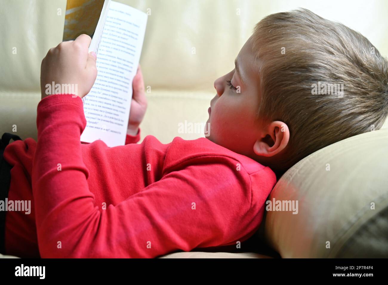 Side view of Young boy relaxing at home reading a book on sofa Stock ...