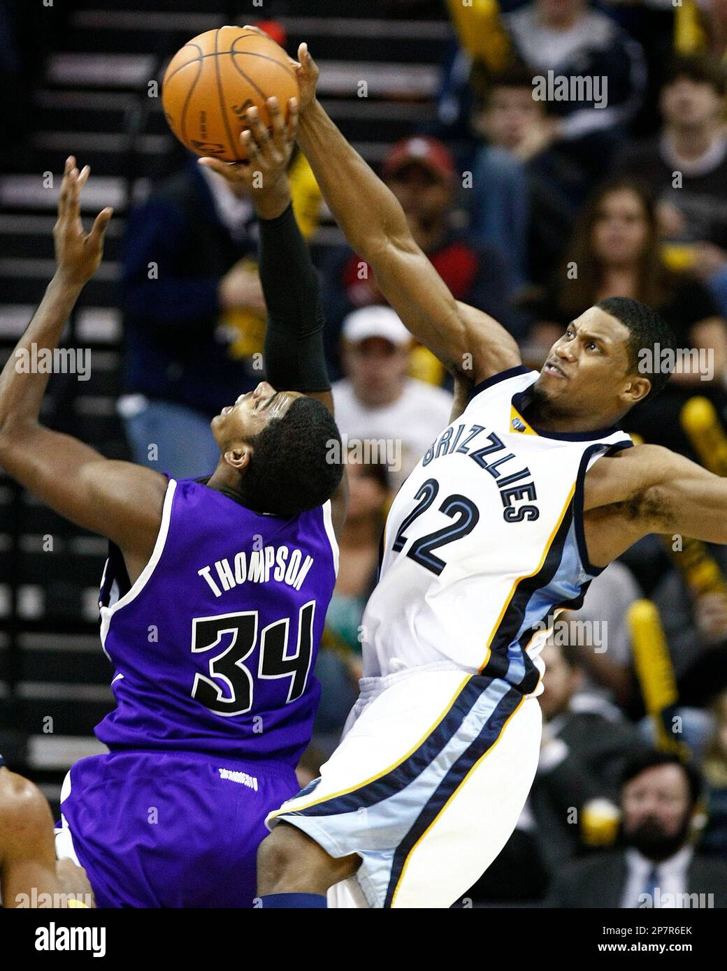 Memphis Grizzlies' Rudy Gay, right, blocks a shot by Sacramento Kings ...