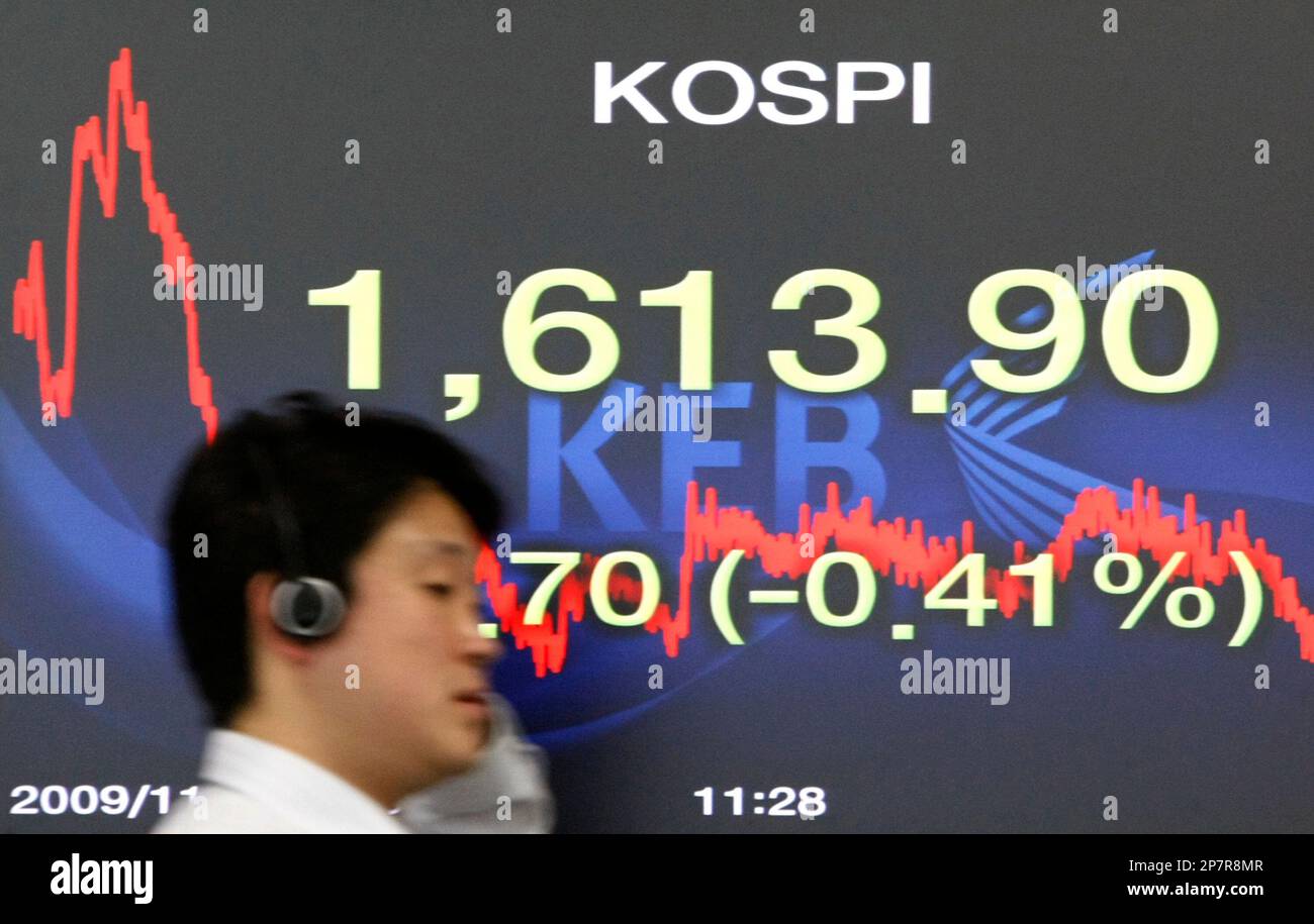 A South Korean currency trader passes by a screen showing the Korea ...