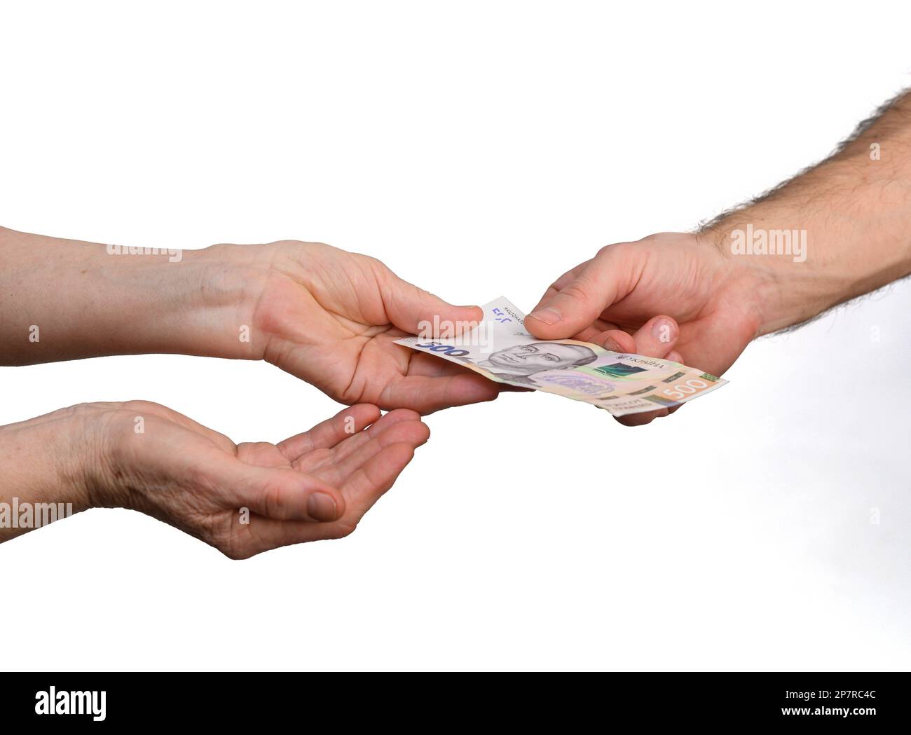 An elderly pensioner takes money from the hands of a young man. The ...