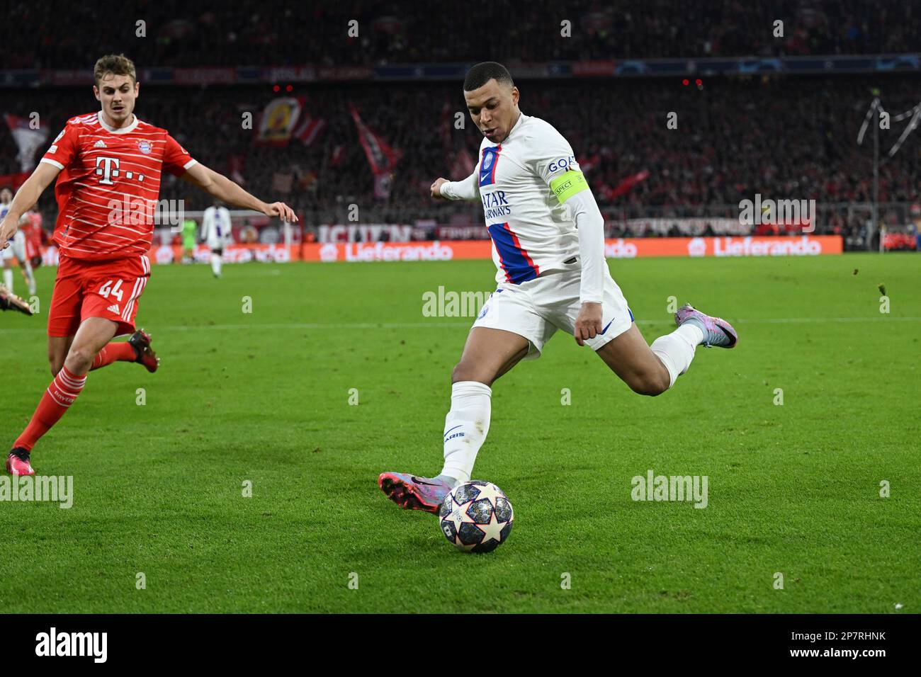 PSG's Kylian Mbappe kicks the ball during the Champions League round of ...