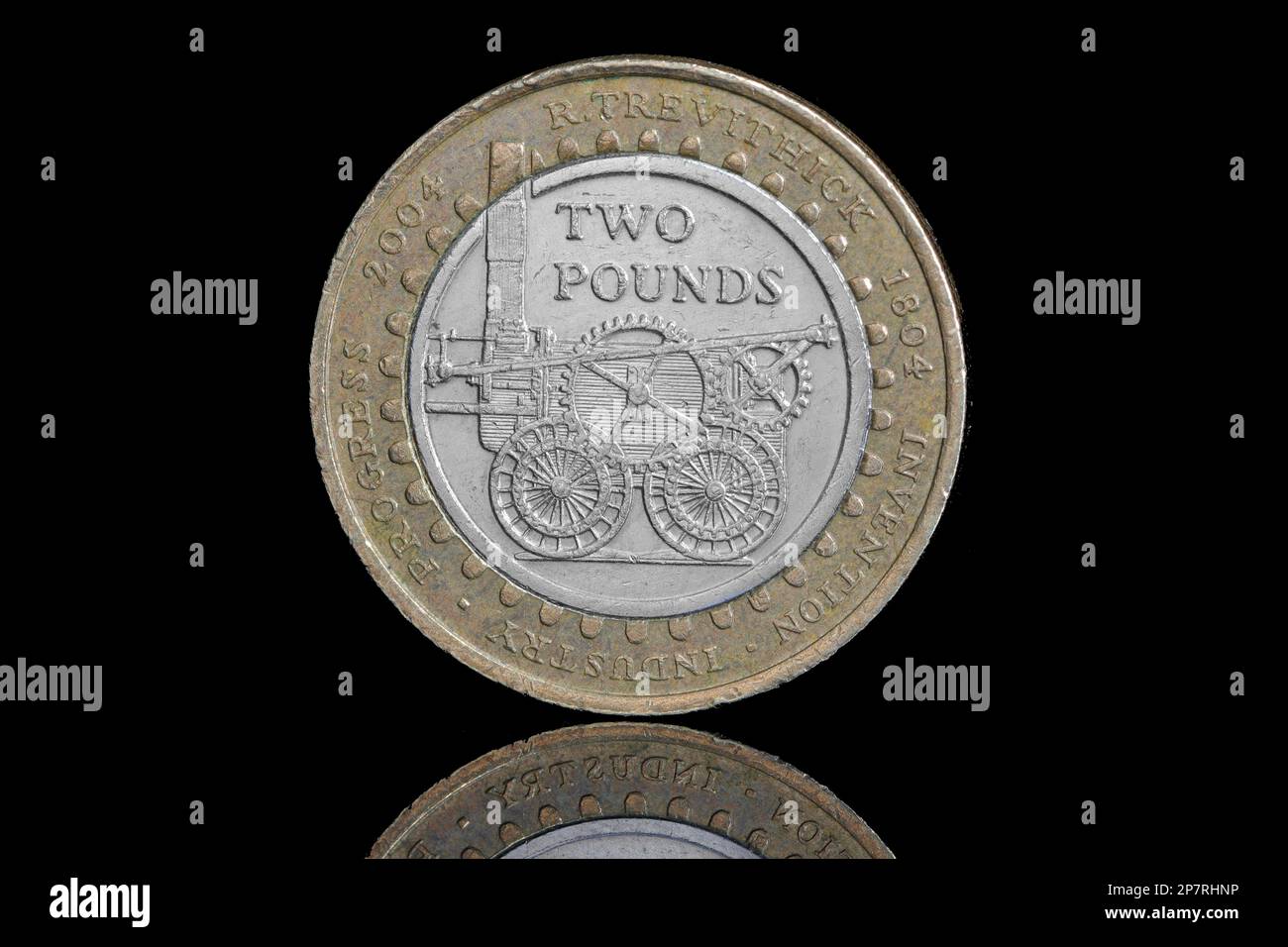 Reverse side of a 2004 £2 coin to commemorate the first steam engine ...