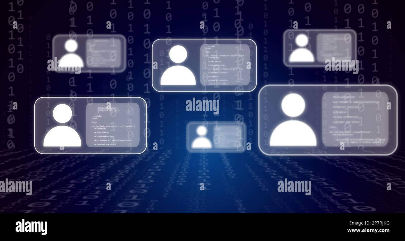 Image of media icons over binary coding on black background. Global ...