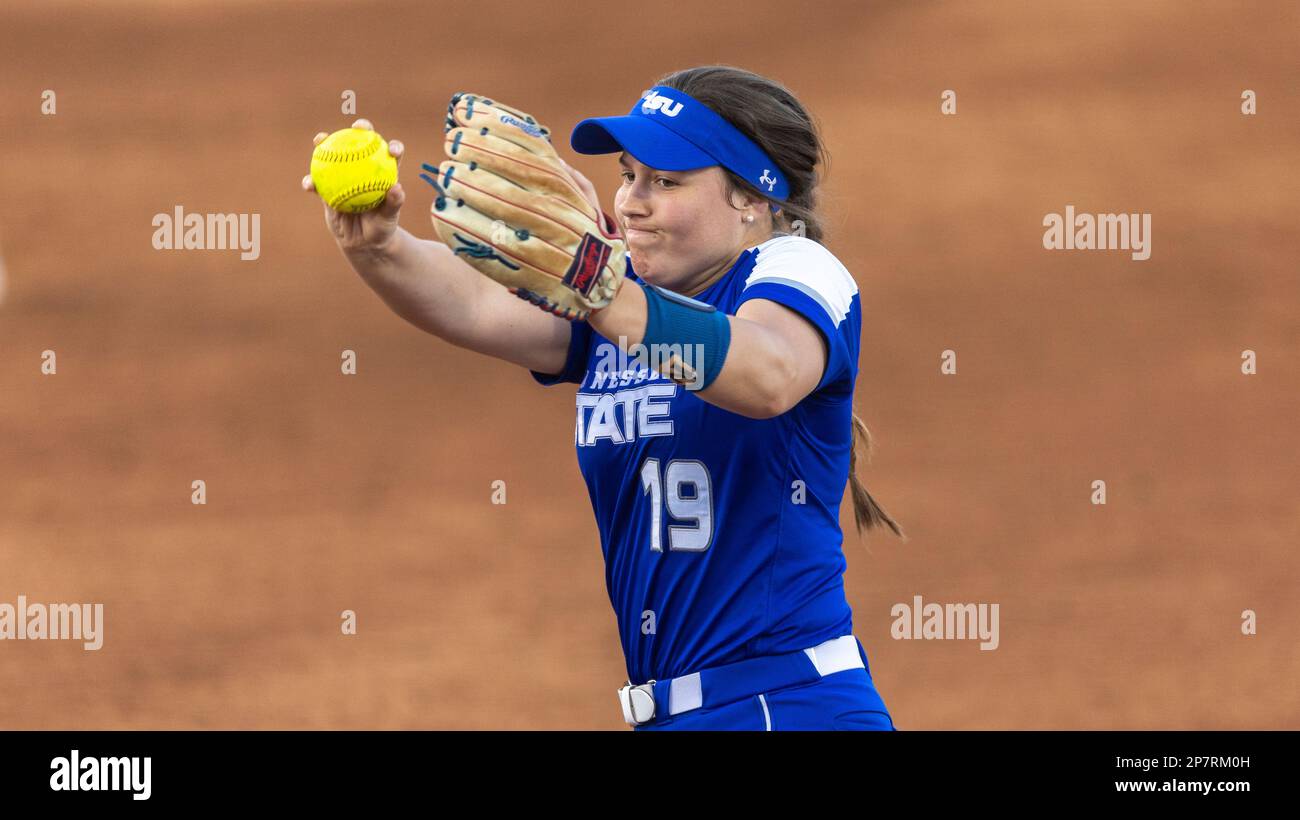 Tennessee State pitcher Caitlyn Manus throws against Louisiana during an NCAA softball game on ...