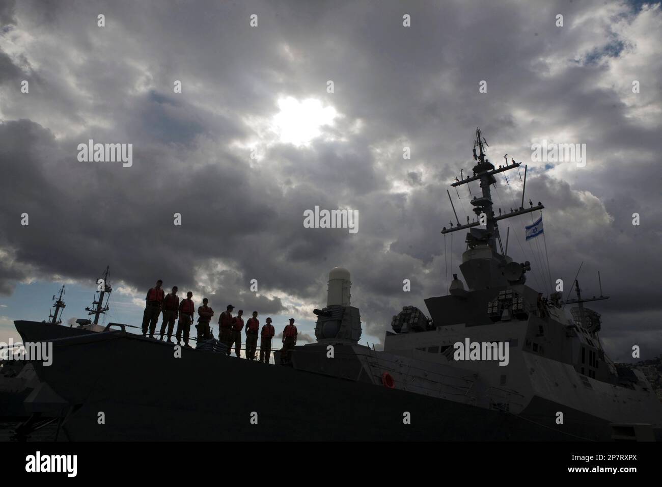 Israeli soldiers stand on the deck of the navy ship INS Eilat while ...