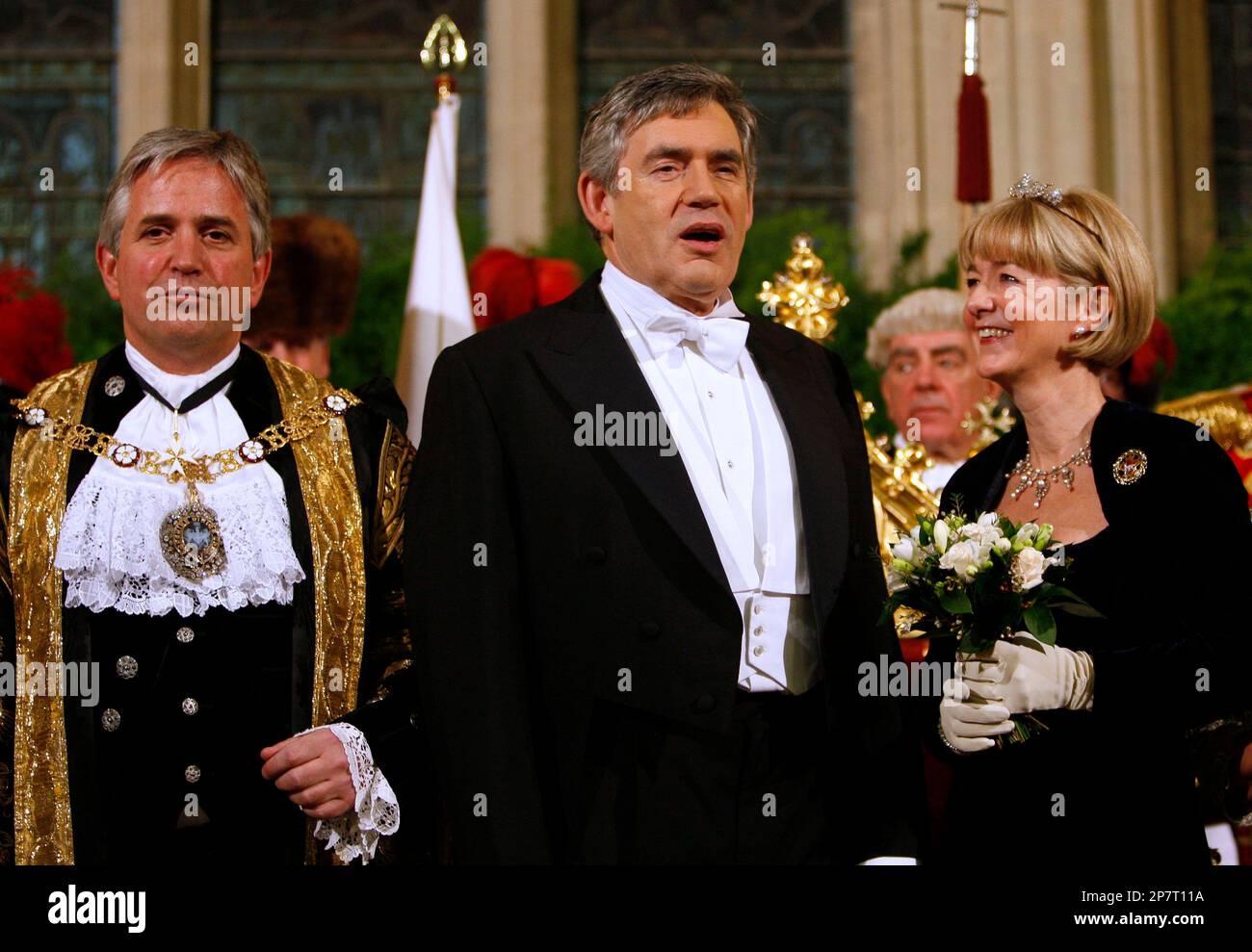 Britain's Prime Minister Gordon Brown, centre, The Lord Mayor of London ...
