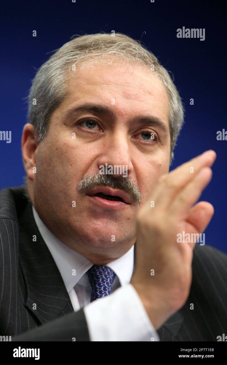 Jordan's Foreign Minister Nasser Judeh gestures as he talks during a ...