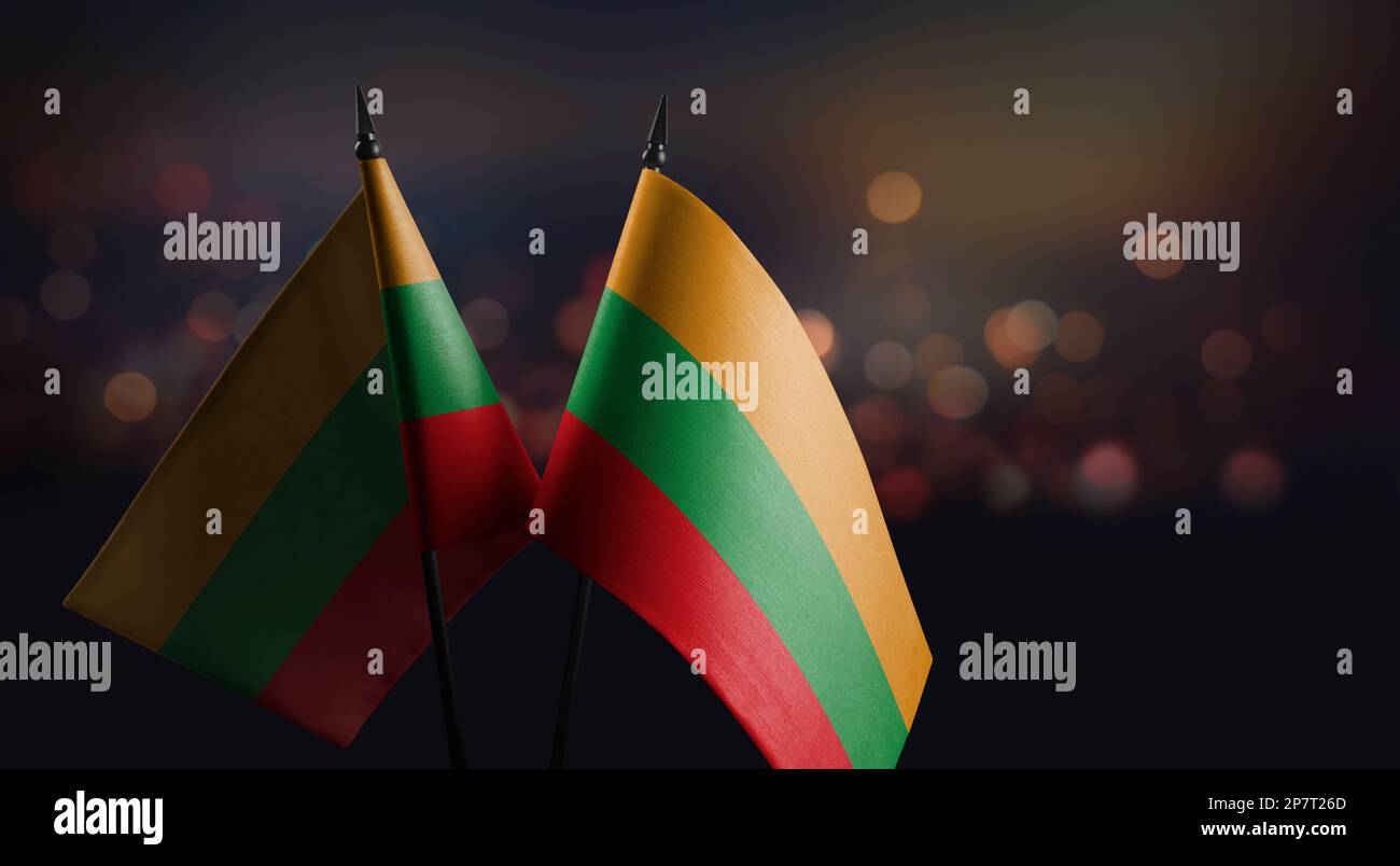 Small flags of the Lithuania on an abstract blurry background Stock ...