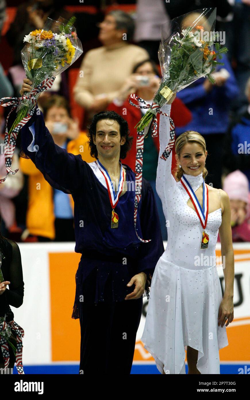 Benjamin Agosto, left, and Tanith Belbin celebrate their gold medal win ...