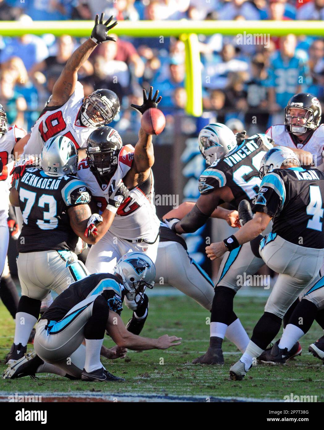 Atlanta Falcons' Chauncey Davis (92) blocks a field goal by Carolina ...