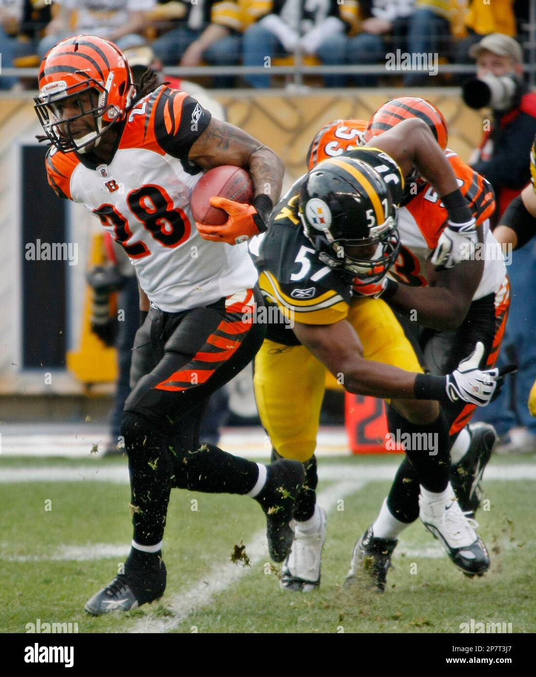 Cincinnati Bengals' Bernard Scott, left, returns a kickoff for a ...