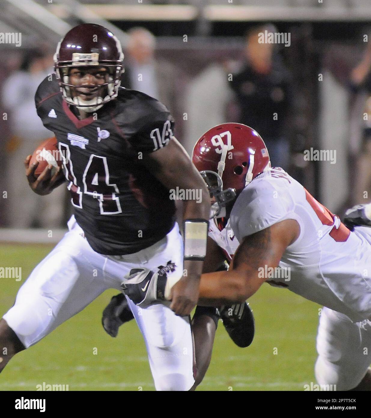 Mississippi State quaterback Chris Relf (14) is tackled by Alabama ...