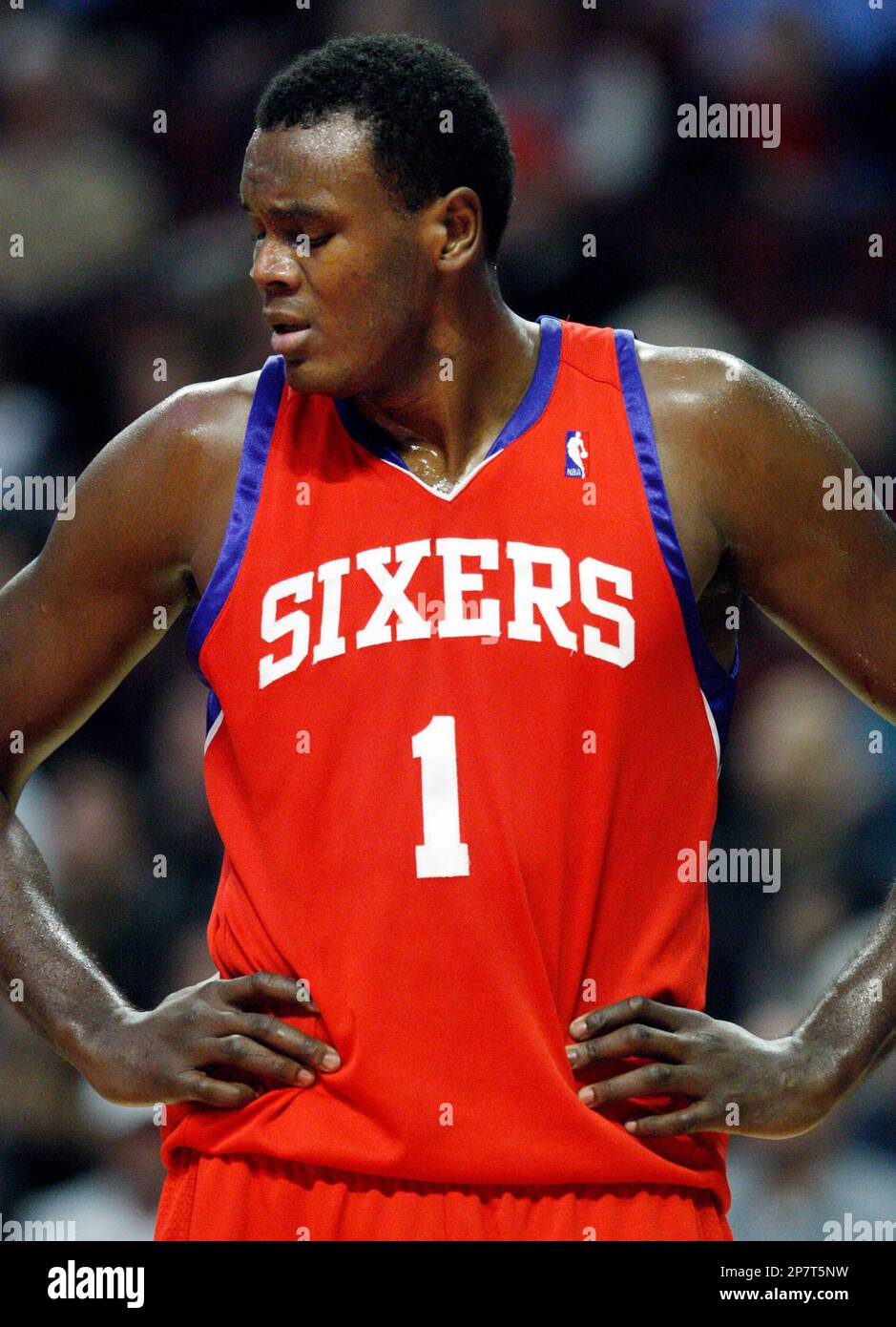 Philadelphia 76ers' Samuel Dalembert reacts during Chicago Bulls' Brad ...