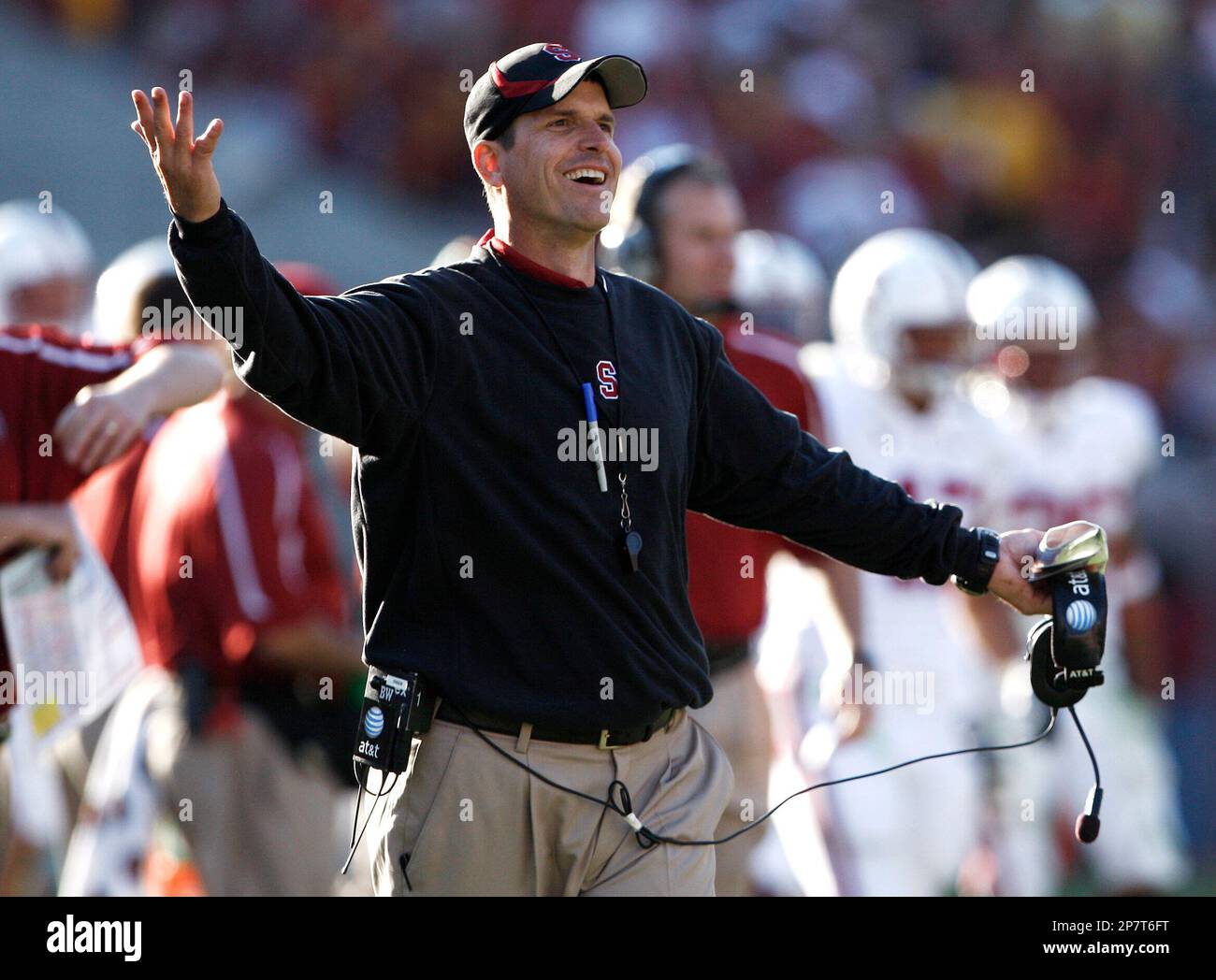 Stanford head coach Jim Harbaugh reacts after a touchdown against ...