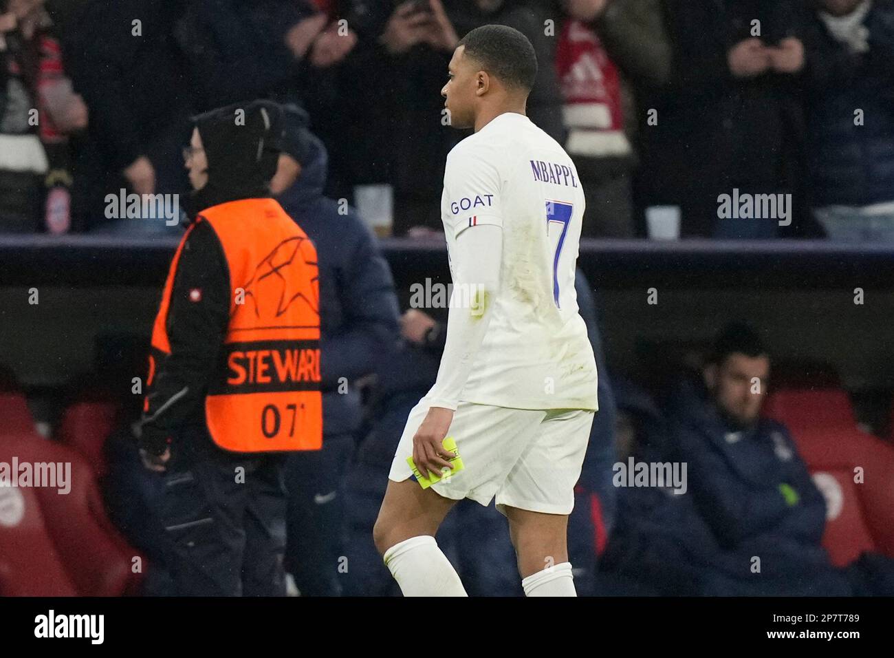 PSG's Kylian Mbappe leaves the field after the Champions League round ...