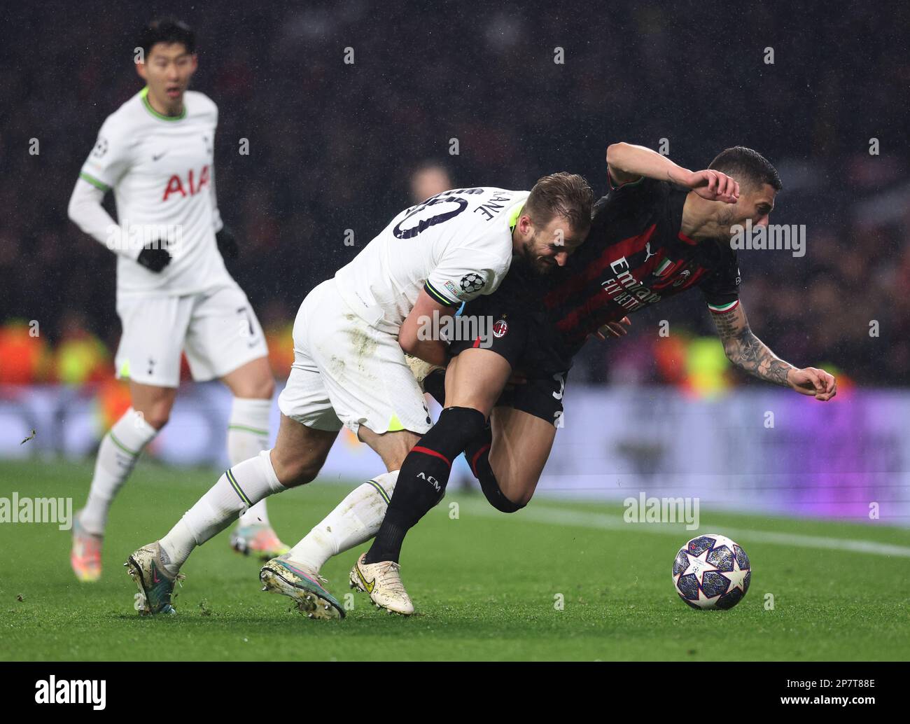 London, UK. 8th Mar, 2023. Harry Kane of Tottenham rugby tackles Rade ...