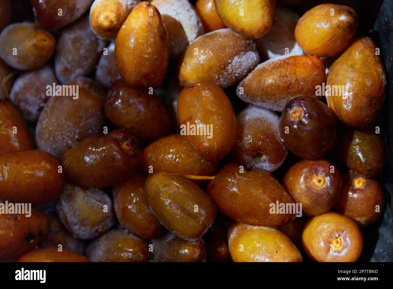 Frozen fresh dates texture pattern. Flat lay top veiw healthy snack ...