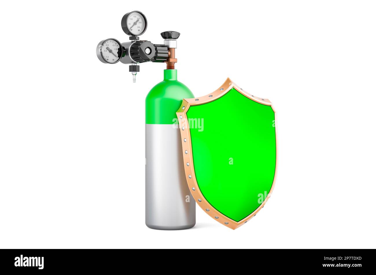 Oxygen tank, gas cylinder with shield, 3D rendering isolated on white ...