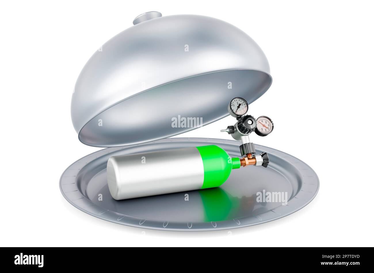 Restaurant cloche with oxygen tank, gas cylinder. 3D rendering isolated ...