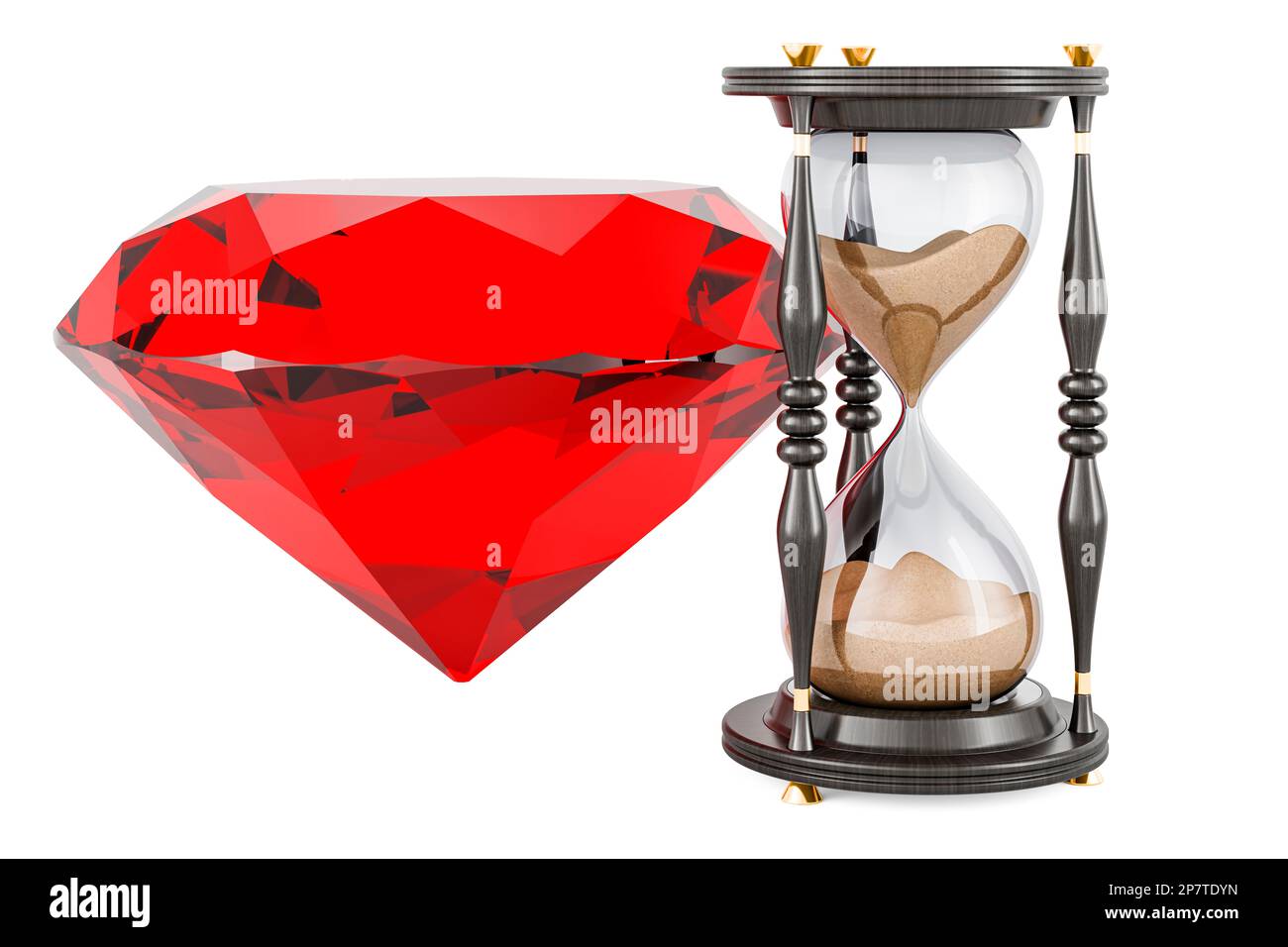 Red gem with sand hourglass. 3D rendering isolated on white background ...