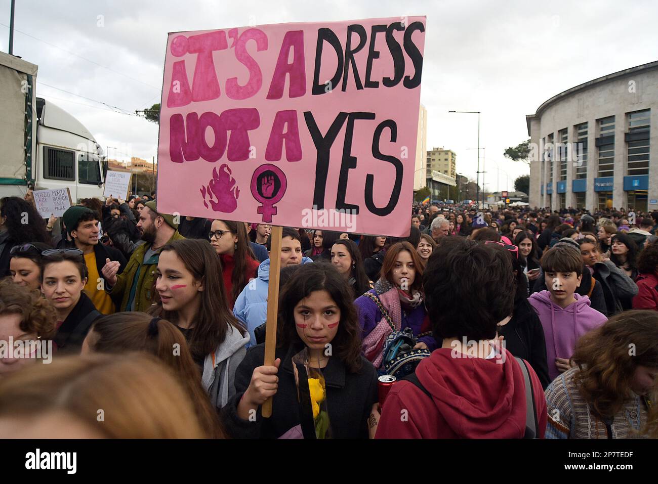 Rome Italy 08th Mar 2023 A Protester Holds A Placard Expressing Her