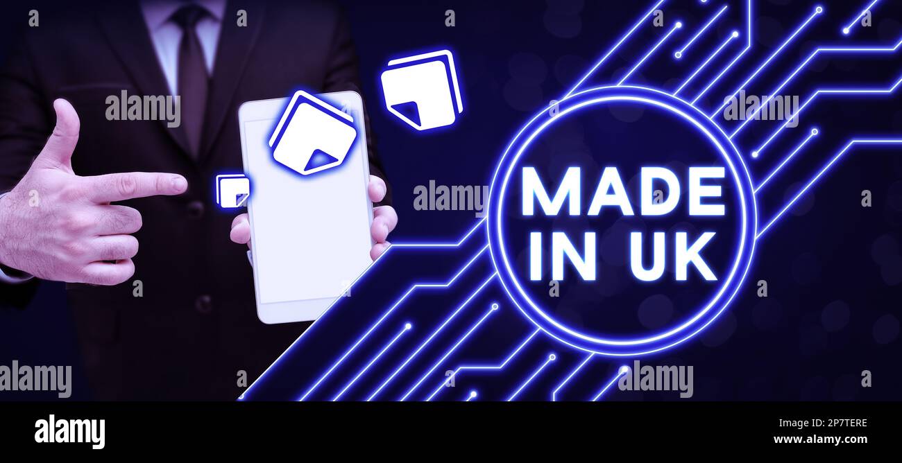 Conceptual display Made In Uk. Word for Something manufactured in the ...