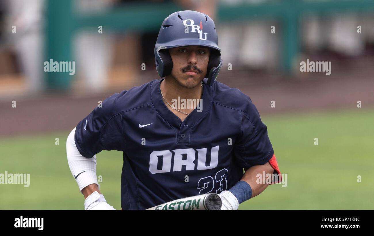 Oral Roberts catcher Jacob Godman (23) bats against Texas State during ...