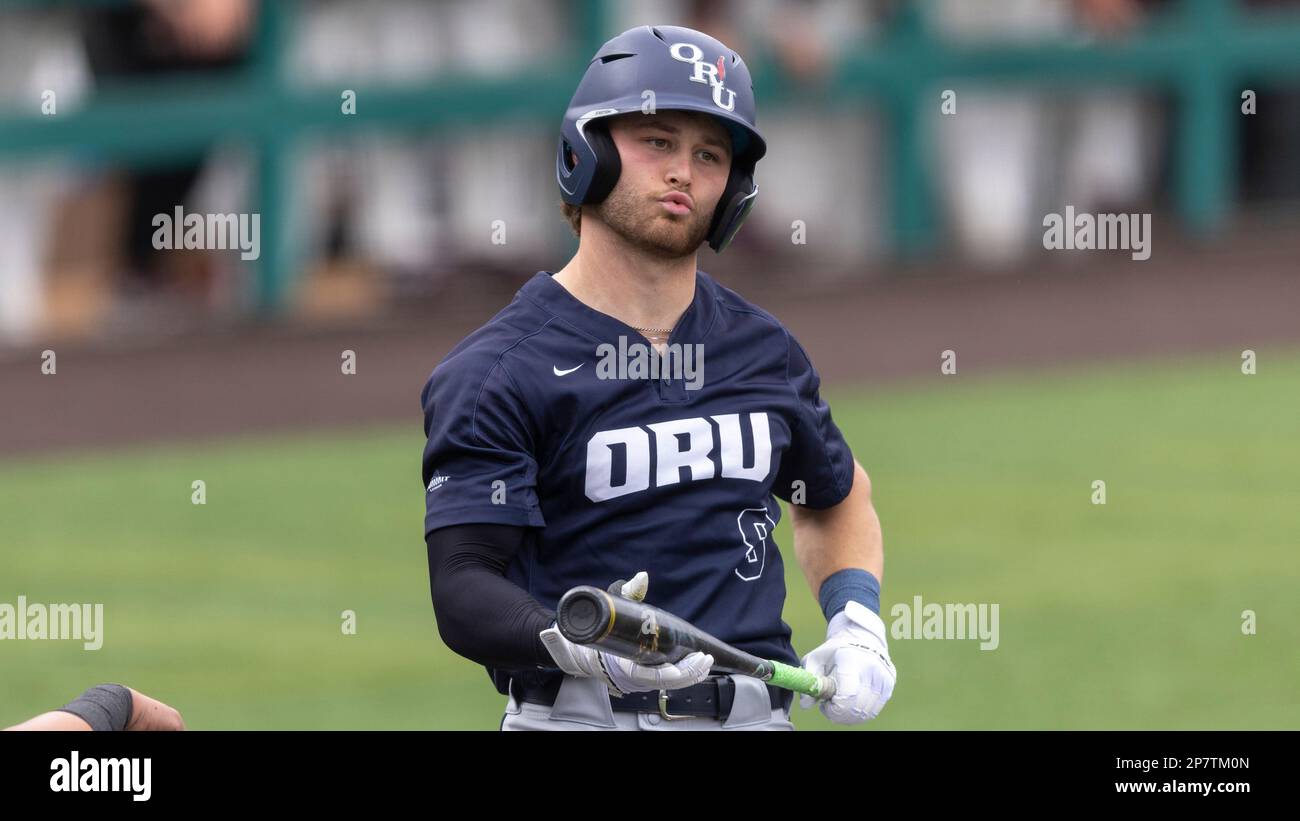 Oral Roberts left fielder Blaze Brothers (8) bats against Texas State ...