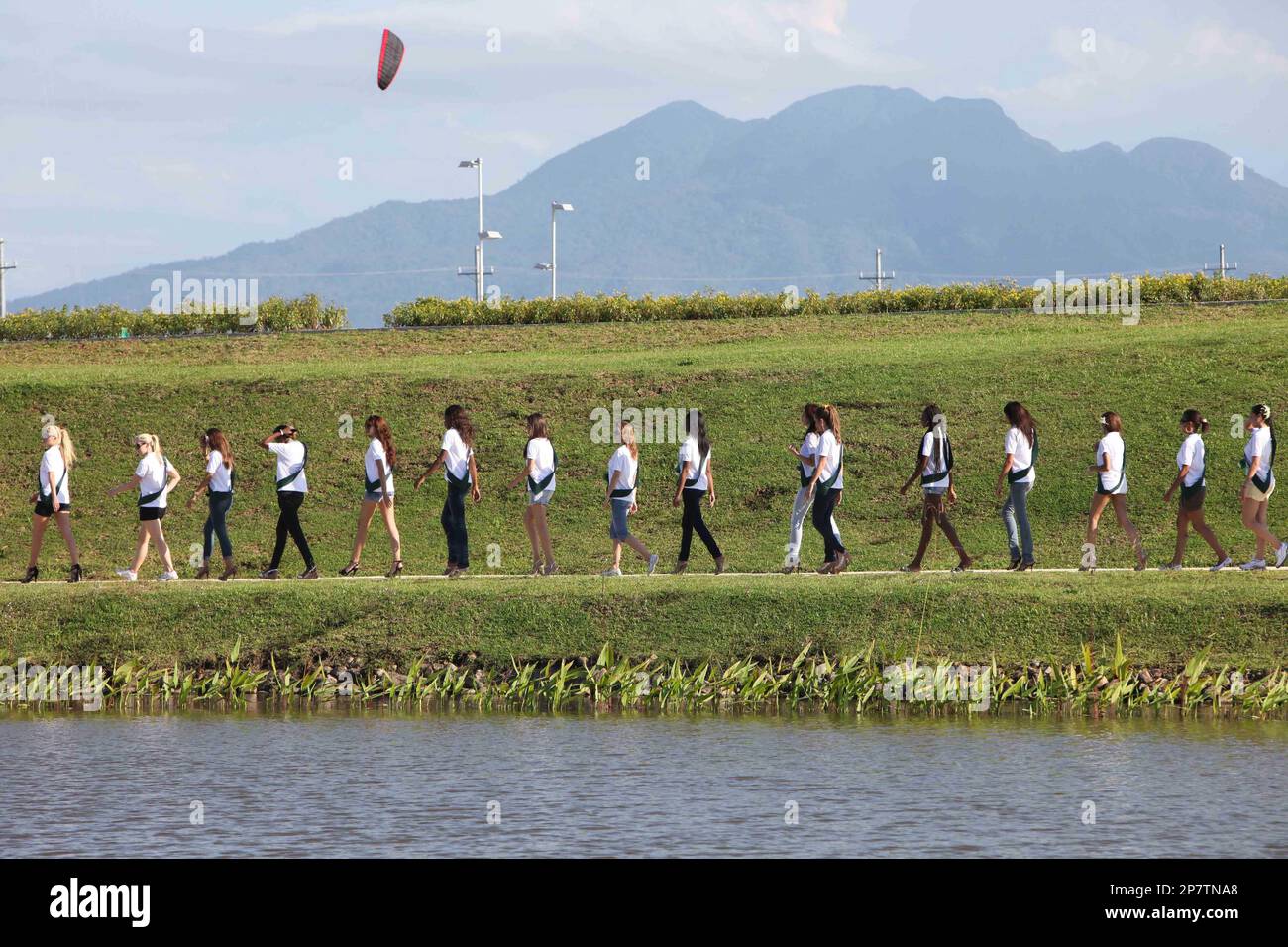 With Mount Makiling in background, candidates for the 2009 Miss Earth ...