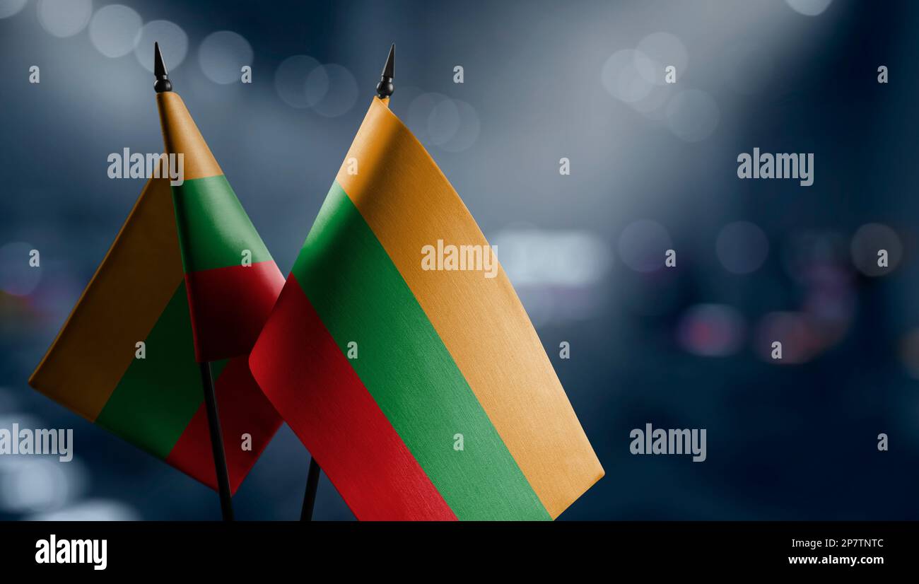 Small flags of the Lithuania on an abstract blurry background Stock ...