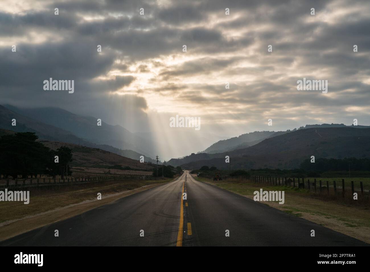 Morning Sun Rays Striking the Roadway at Big Sur Stock Photo - Alamy